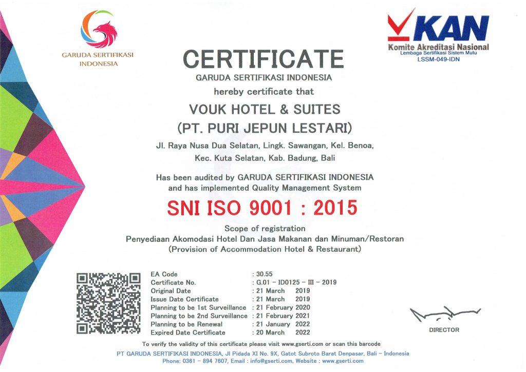 ISO 9001- 2015 - VOUK Hotel & Suites Nusa Dua Bali